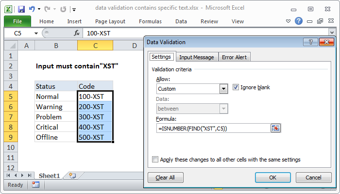 Excel formula: Data validation contains specific text | Exceljet Excel formula: Data validation contains specific text | Exceljet